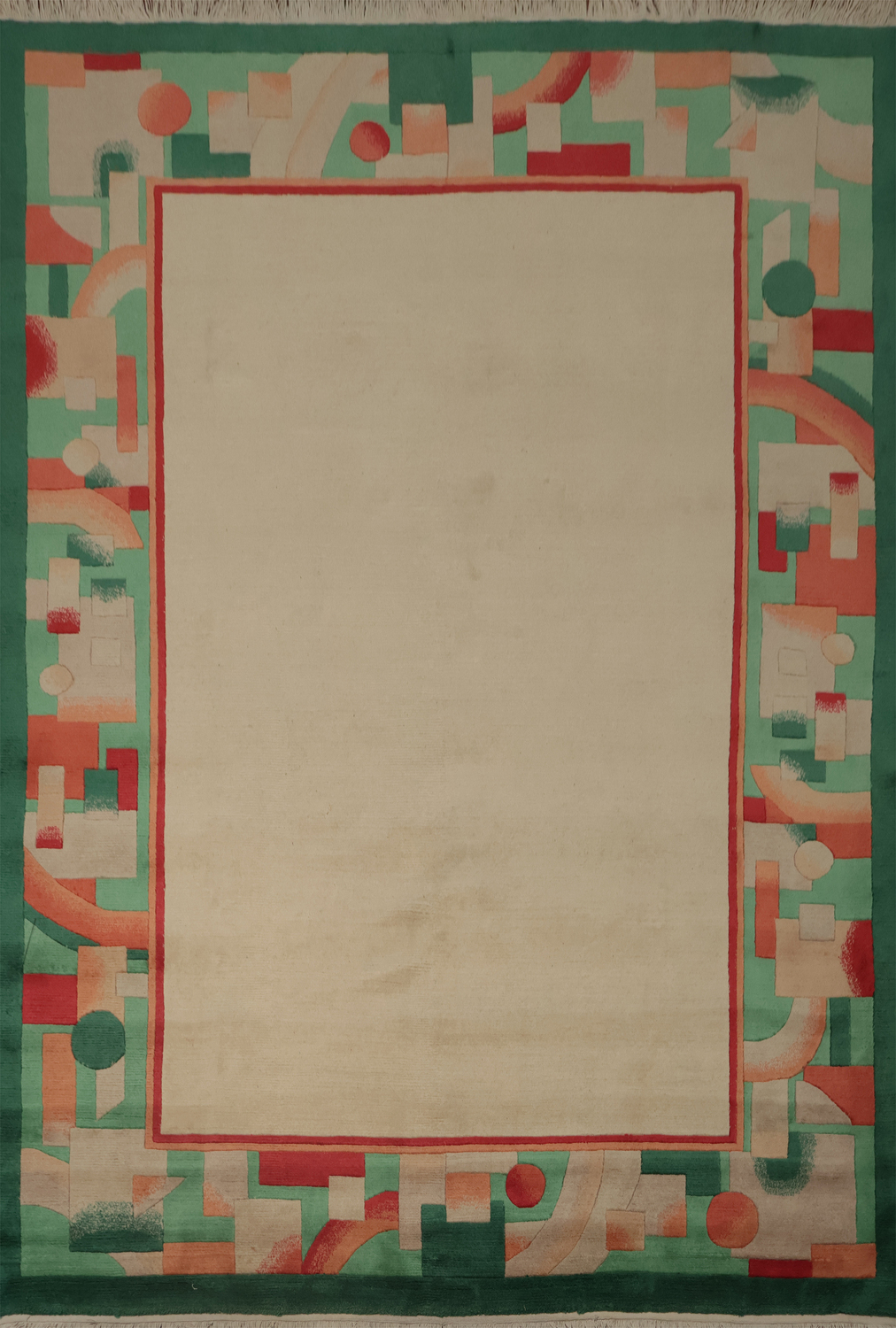 Art Deco Geometric Rug with Vibrant Green and Red Patterns 8x10