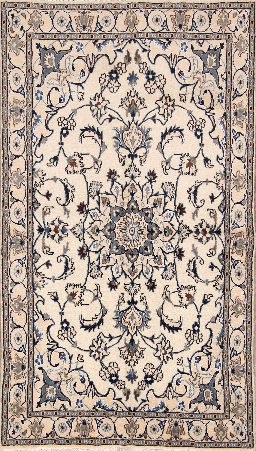 Floral Ivory Nain Isfahan Persian Wool Silk Rug 4x7
