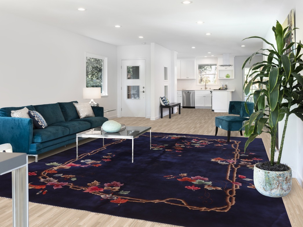 Navy Blue Art Deco Vegetable Dye Area Rug 9x12