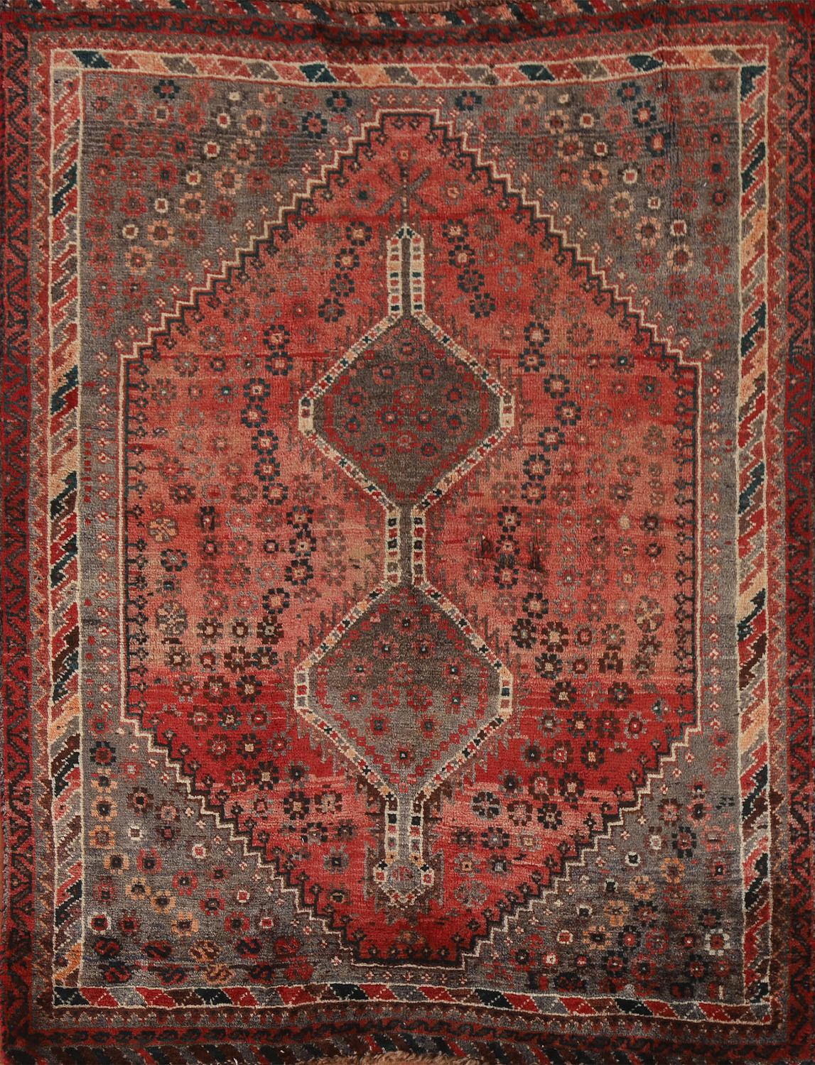 Vintage Geometric Shiraz Persian Rug 4x5