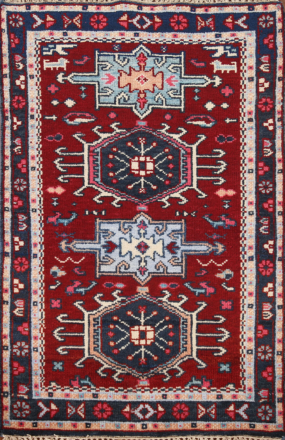 Red Geometric Kazak Indian Wool Rug 3x5