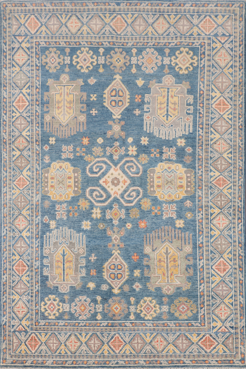 Blue Geometric Kazak Oriental Rug 4x6