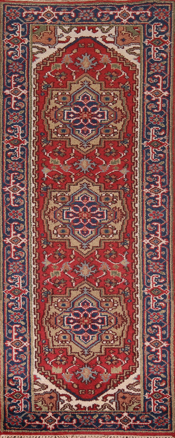 Handmade Red Heriz Serapi Wool Runner Rug 3x8