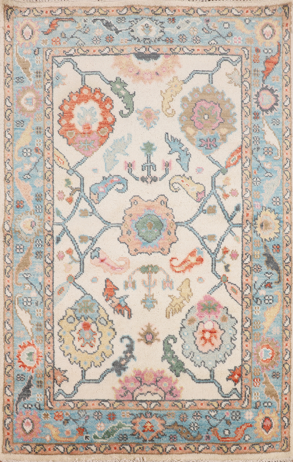 Ivory & Blue Floral Wool Oushak Indian Rug 4x6