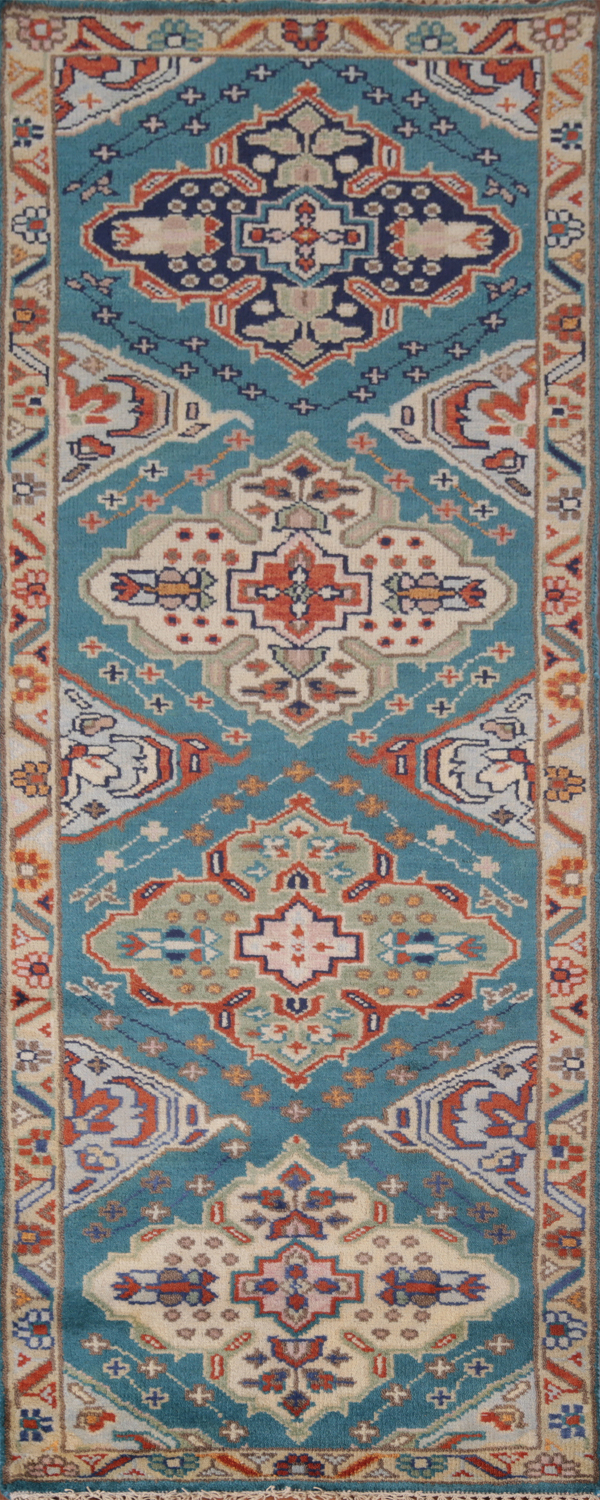 Turquoise Blue Kazak Oriental Runner Rug 3x8