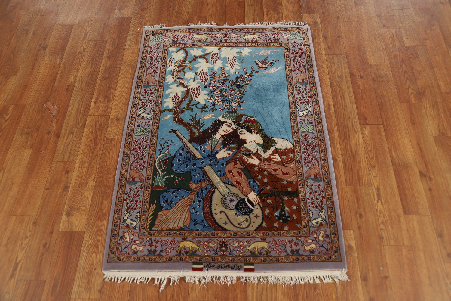 Vegetable Dye Blue Pictorial Signed Isfahan Persian Rug 2x3