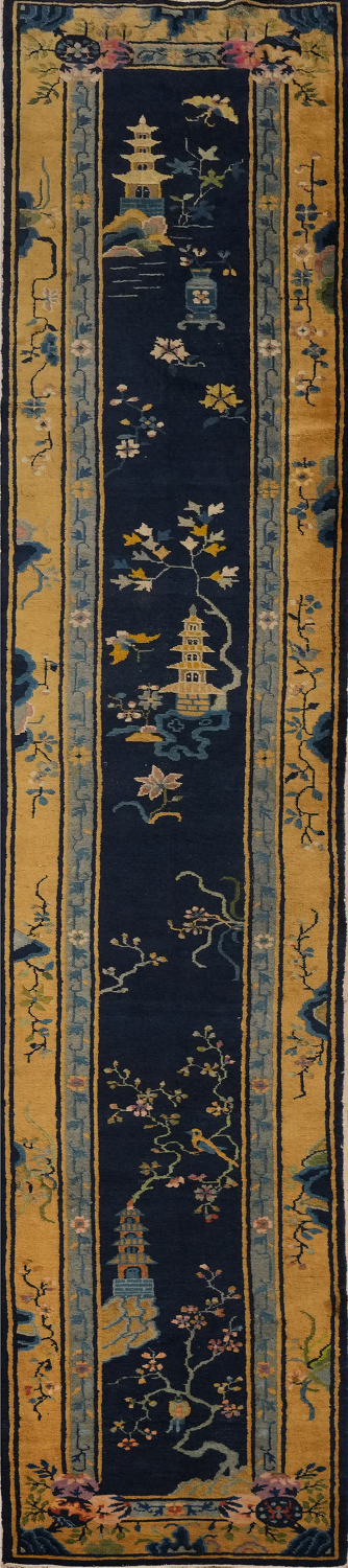 Antique Vegetable Dye Art Deco Chinese Runner Rug 2x14