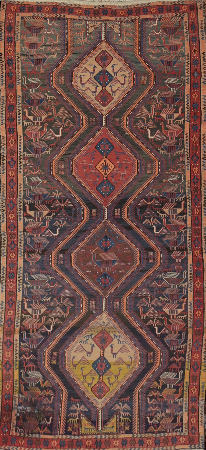 Vegetable Dye Wool Animals Sumak Persian Runner Rug 4x9