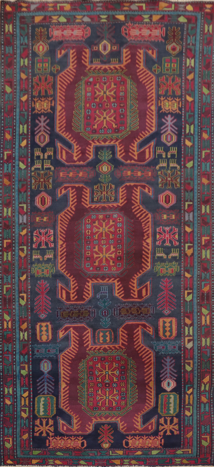Tribal Blue Meshkin Persian Runner Rug 4x10