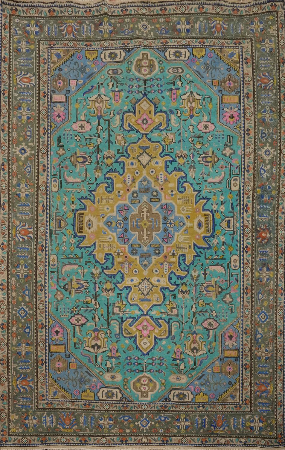 Turquoise Blue Geometric Tabriz Persian Area Rug 6x9