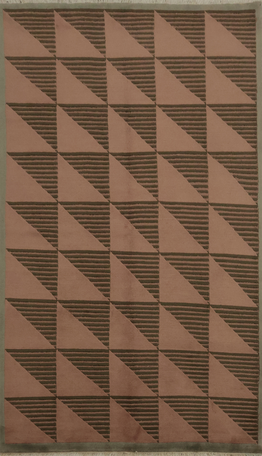 Modern Brown and Pink Nepalese Rectangle Rug with Triangular Patterns 5x8