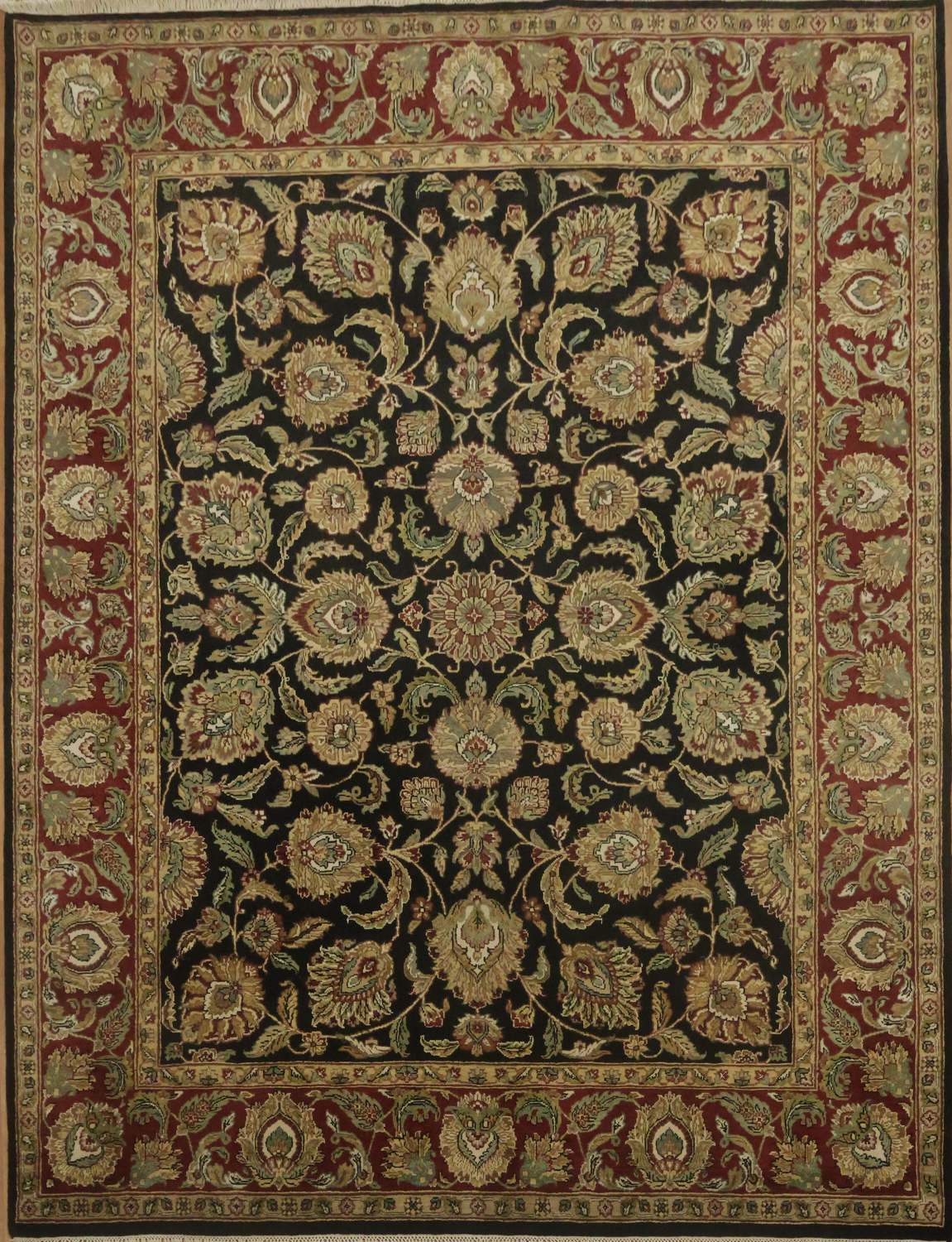 Opulent Patterns: Rich Black and Burgundy Floral Agra Indian Rug 8x10