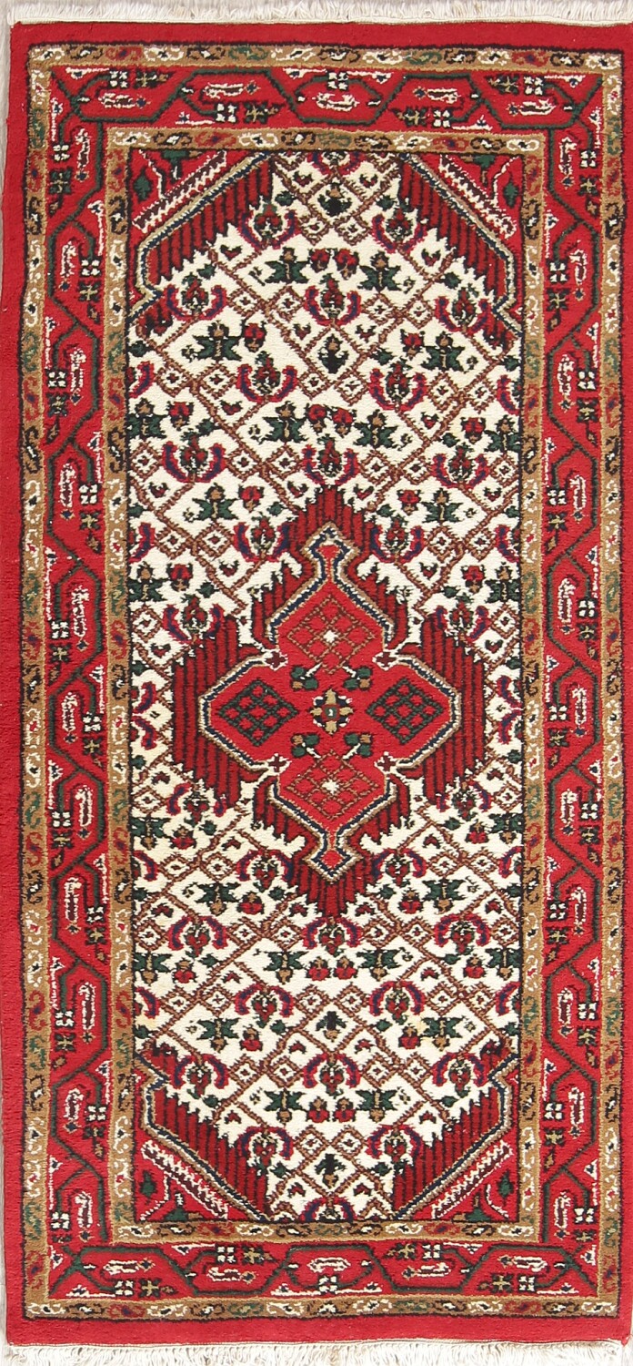Geometric Ivory 3x7 Indo Heriz Indian Rug Runner