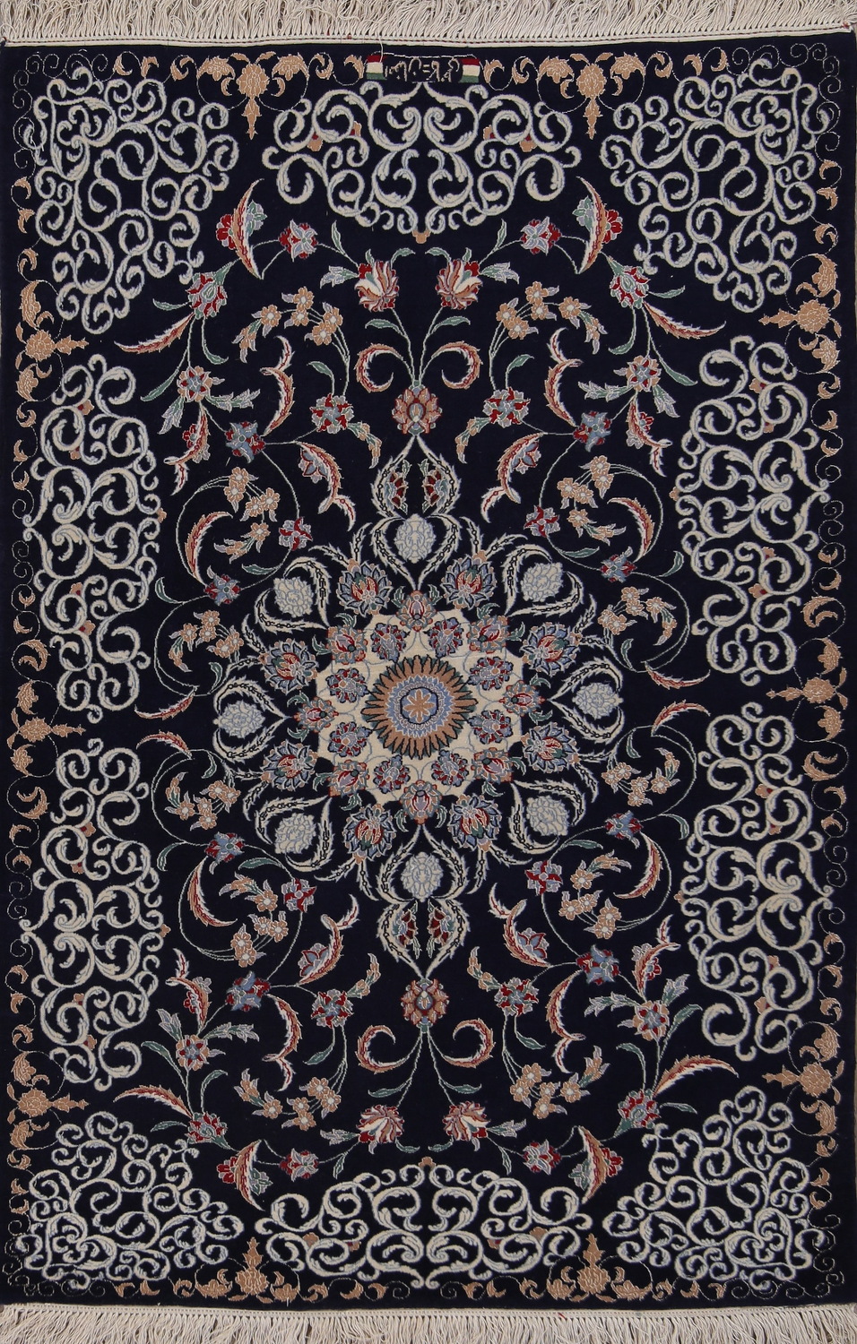 Wool/Silk Navy Blue Floral Signed Isfahan Persian Rug 4x6