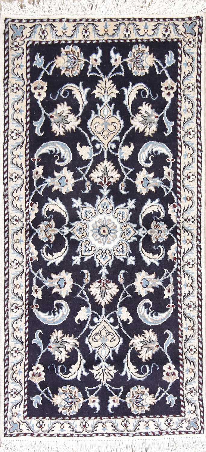 Navy Blue Floral Nain Persian Runner Rug 2x5