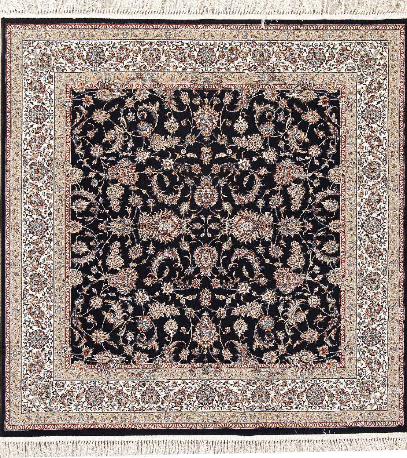 All-Over Black Floral Hereke Turkish Oriental 7x7 Square Area Rug