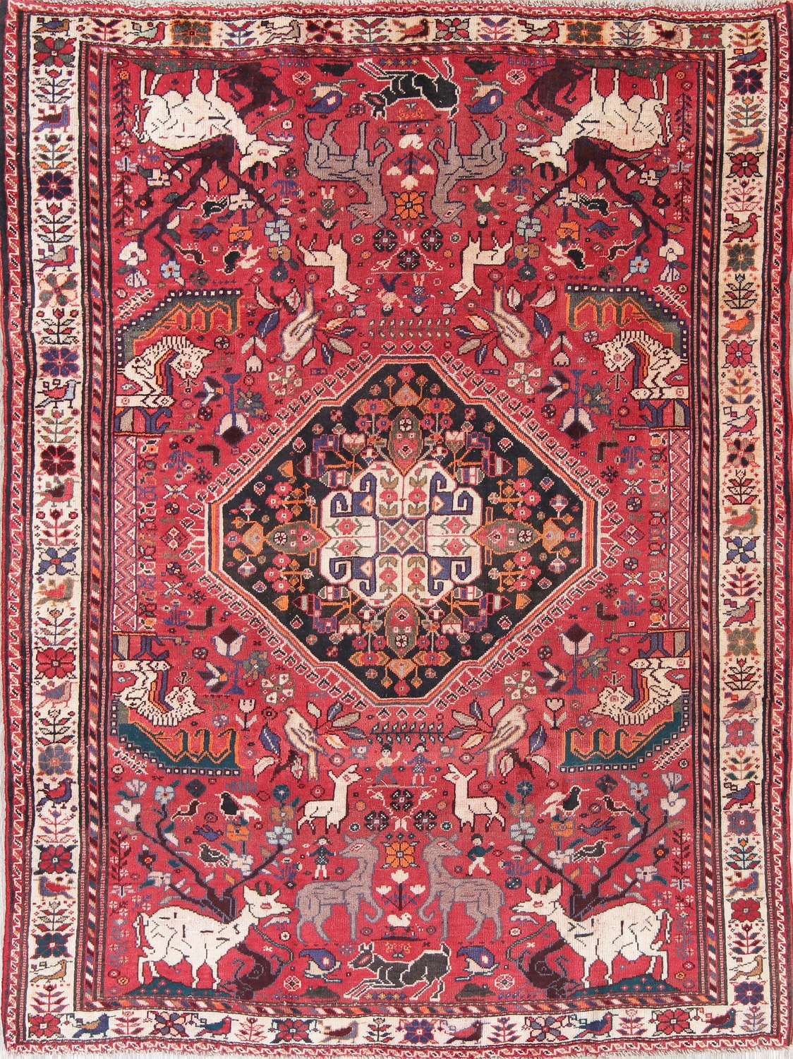Antique Red Animal Pictorial Qashqai Persian Hand-Knotted 6x8 Wool Area Rug