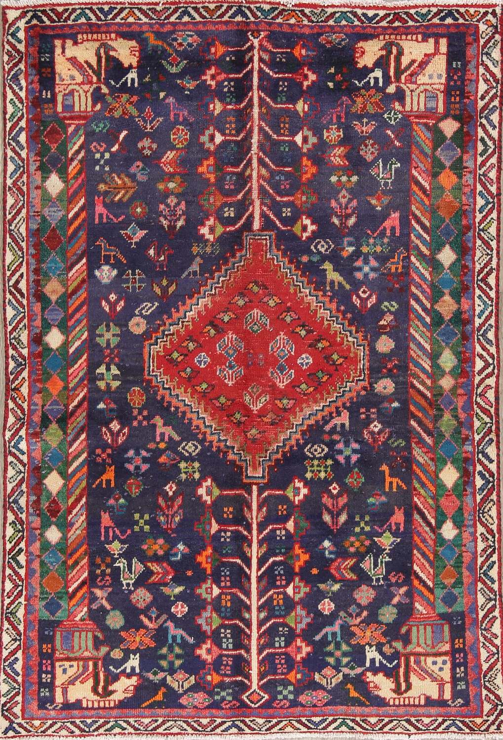 Navy Blue Tribal Shiraz Persian Hand-Knotted 4x6 Wool Area Rug