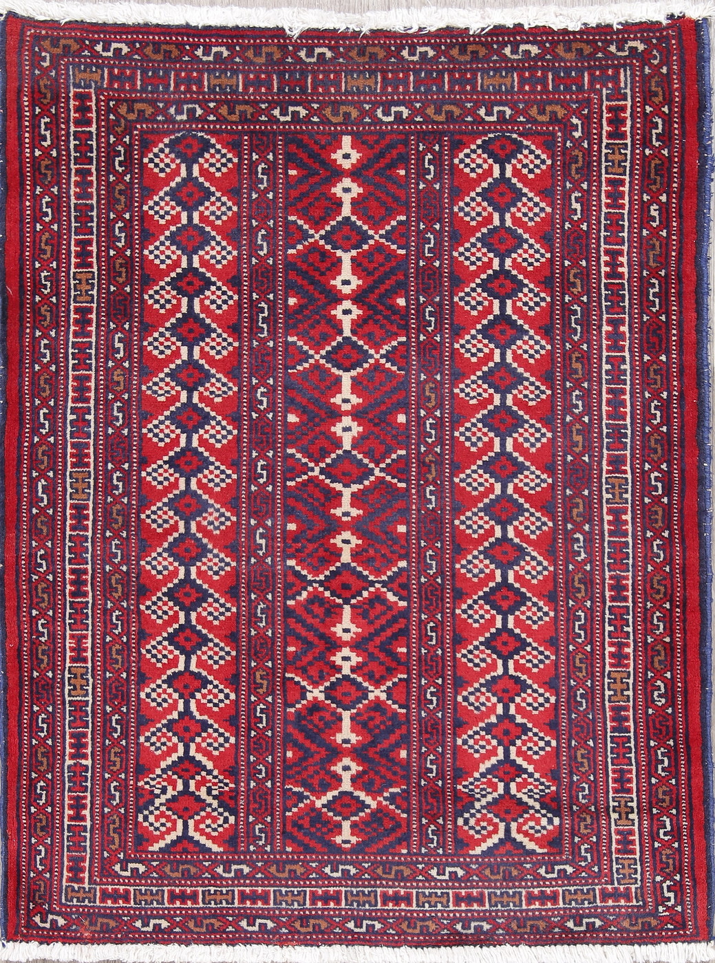 Geometric Red Balouch Persian Hand-Knotted 3x4 Wool Rug