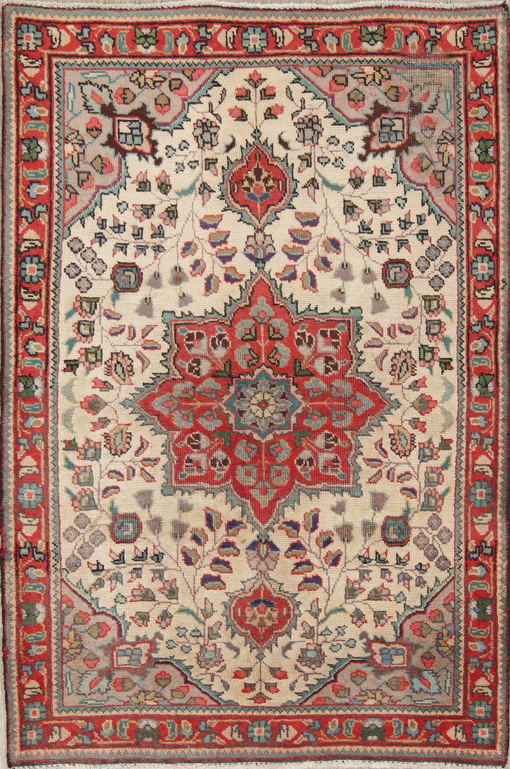 Geometric Ivory Tabriz Persian Hand-Knotted 3x5 Wool Rug