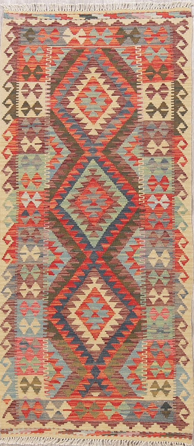 Flat-Weave Kilim Turkish Runner Rug Wool 3x6