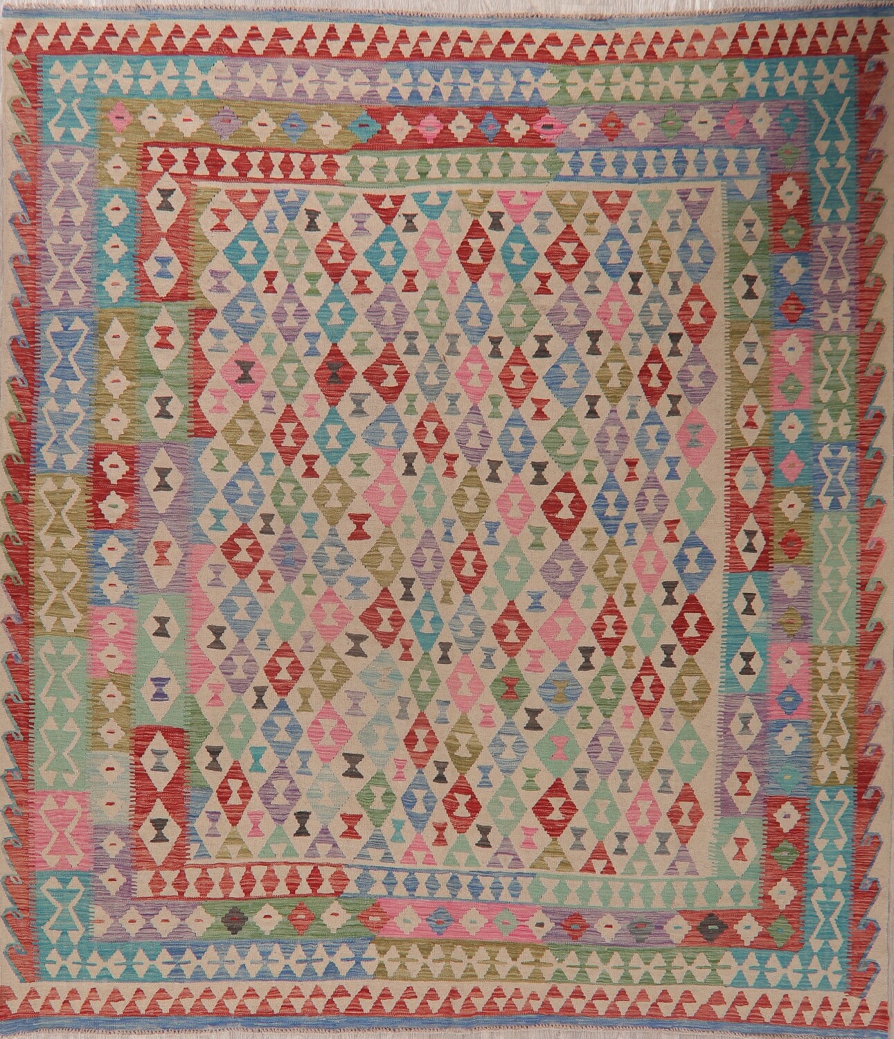 Pastel Geometric Kilim Turkish Area Rug 9x9 Square