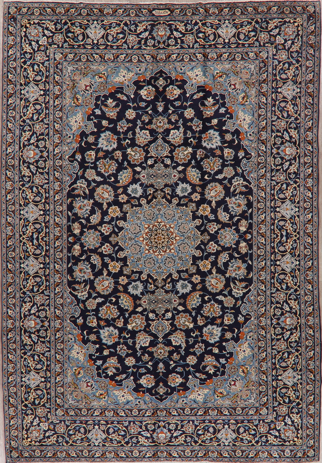 Traditional Navy Blue Floral Signed Kashan Persian Area Rug 8x12