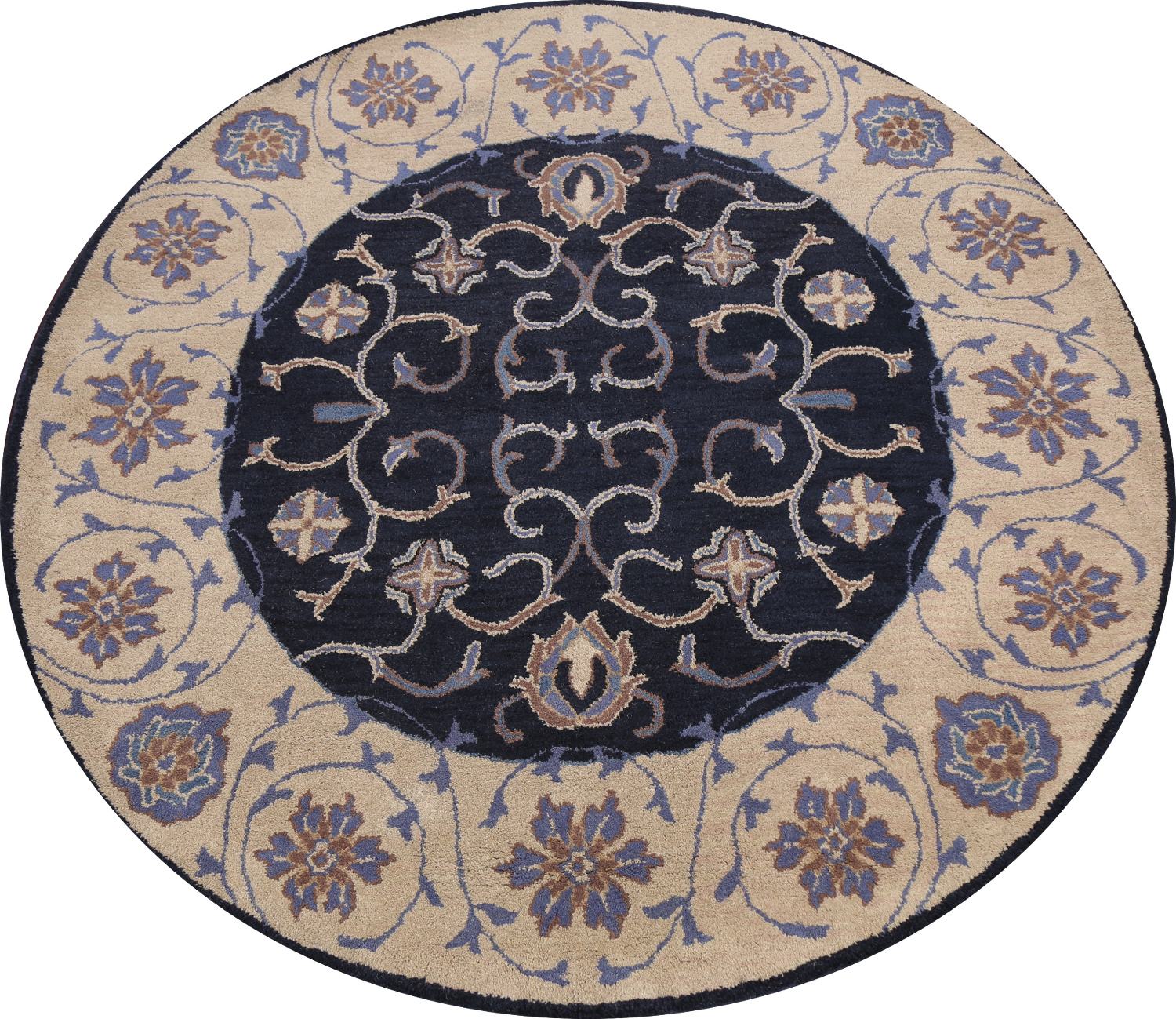 Chic Blue and Cream Floral Round Rug for Modern Home Decor 6x6 ft