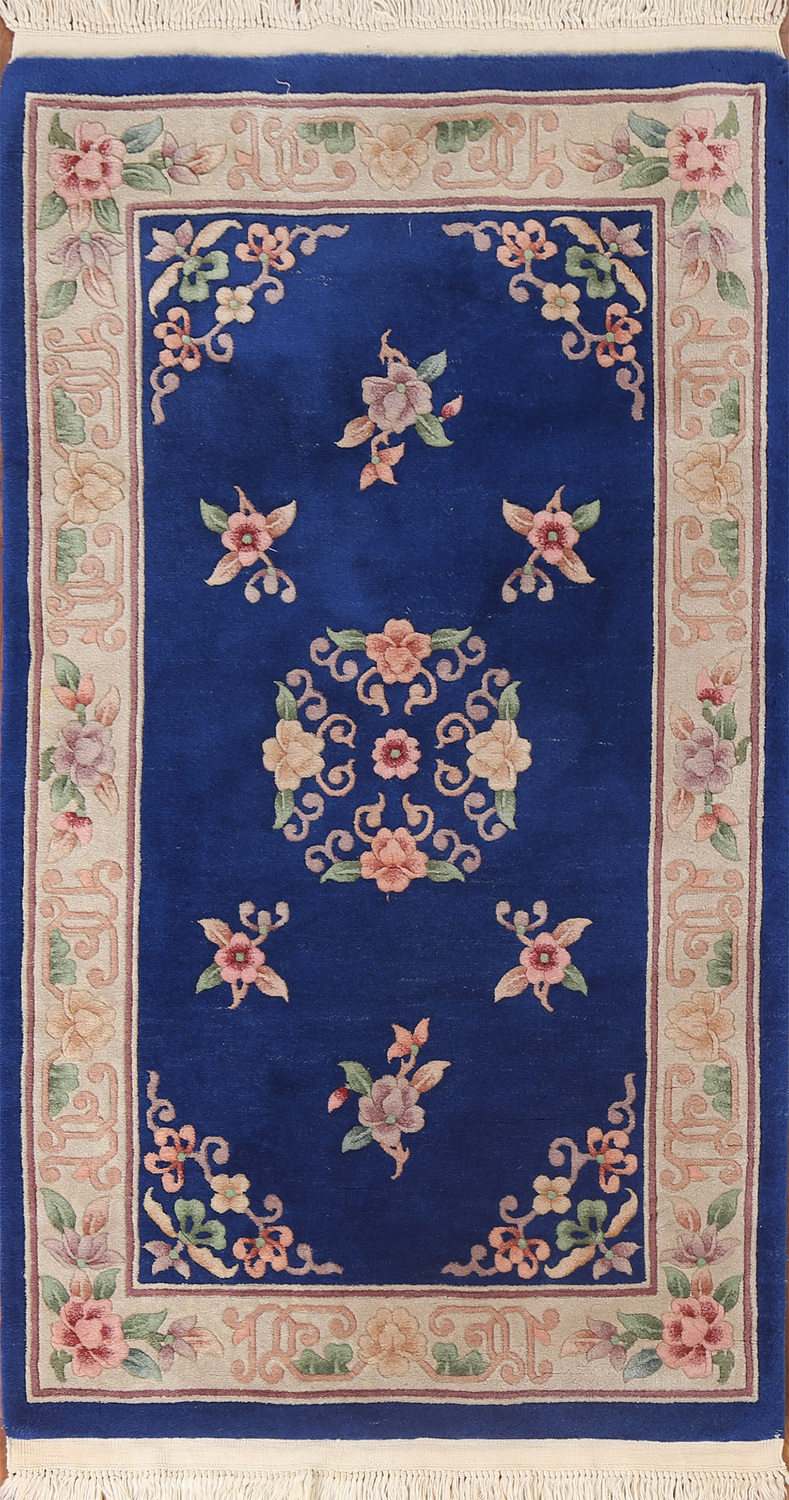 Blue Floral Art Deco Handmade Wool Rug 3x5