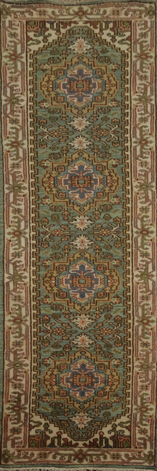 Traditional Green Oriental Runner Rug with Artistic Border Design 3x10