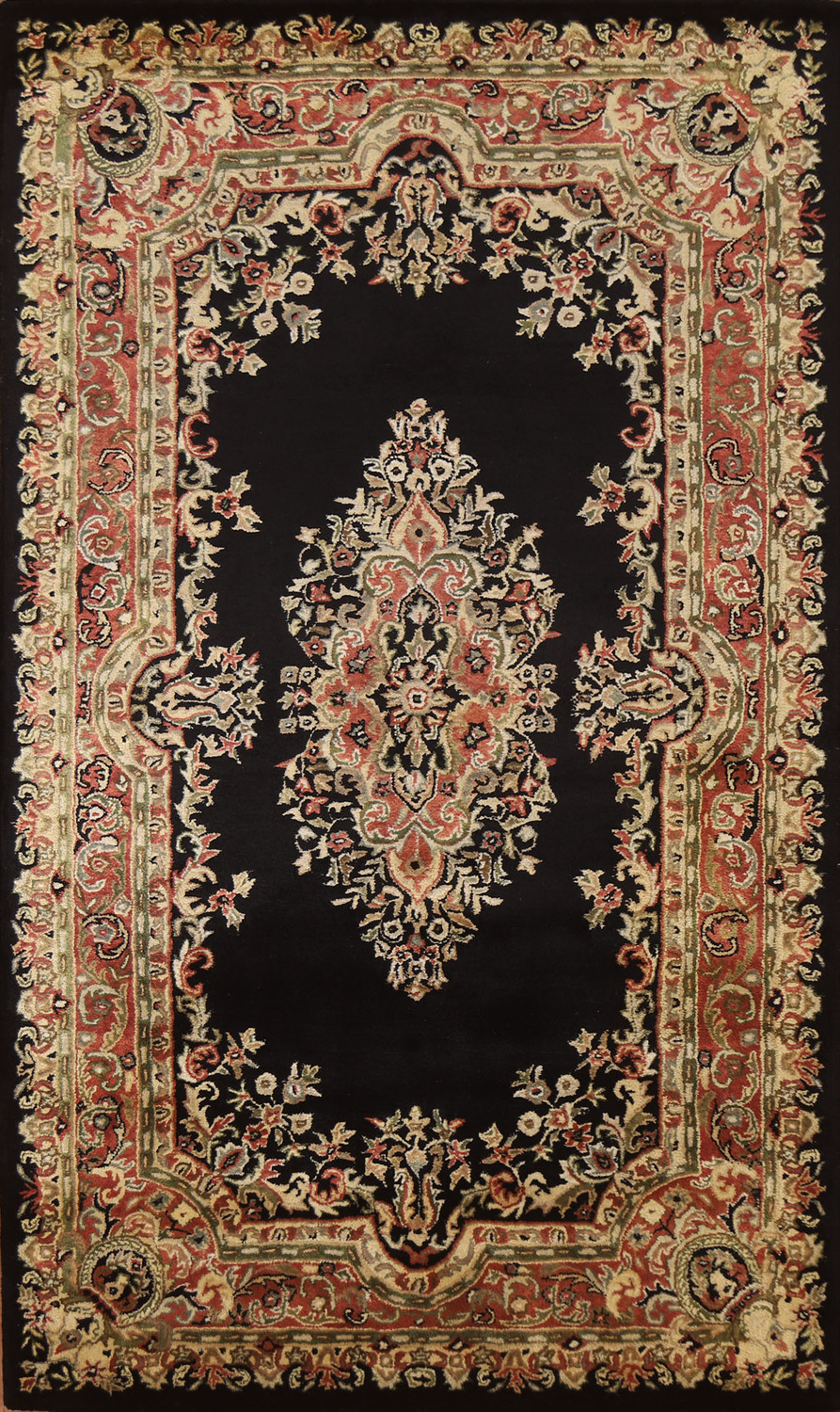 Black Floral Aubusson Indian Rug 5x8