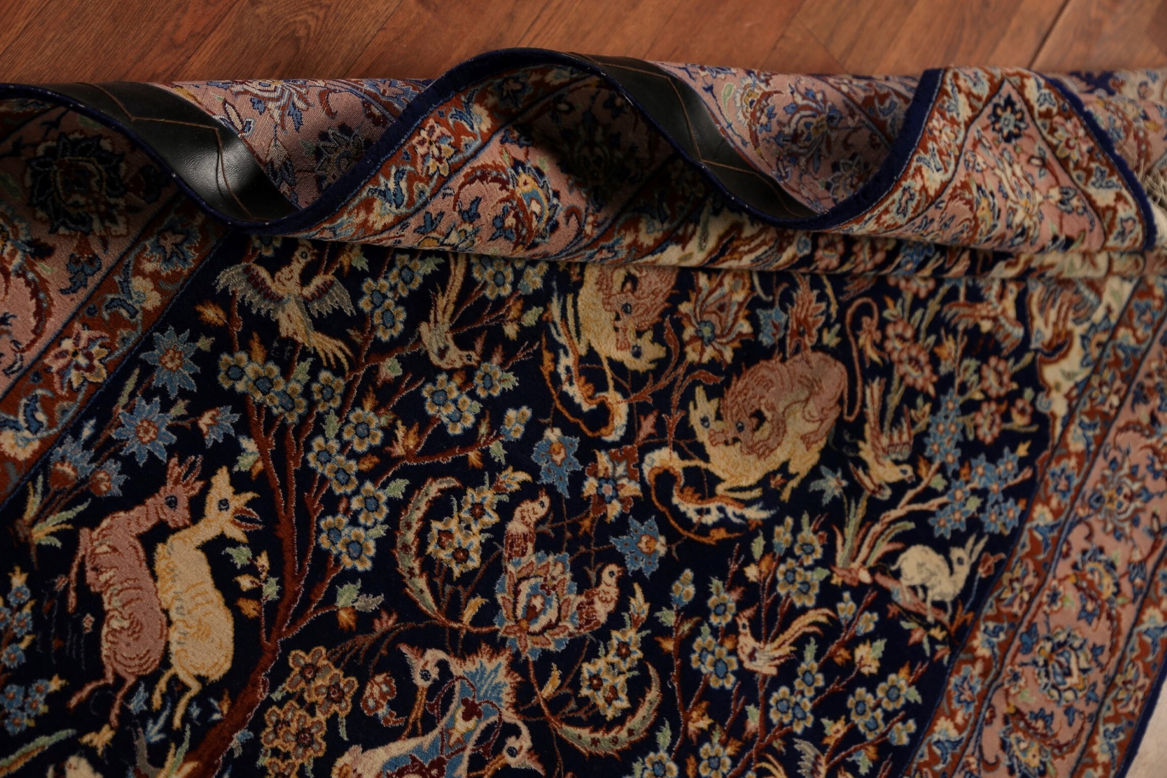 Vegetable Dye Blue Silk Animals Isfahan Persian Rug 3x5